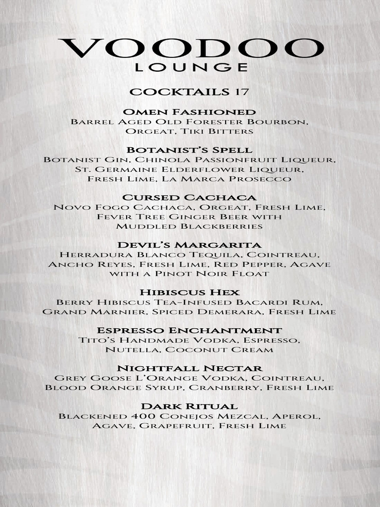 Voodoo Lounge Cocktail Menu | PDF | Champagne | Alcoholic Drinks