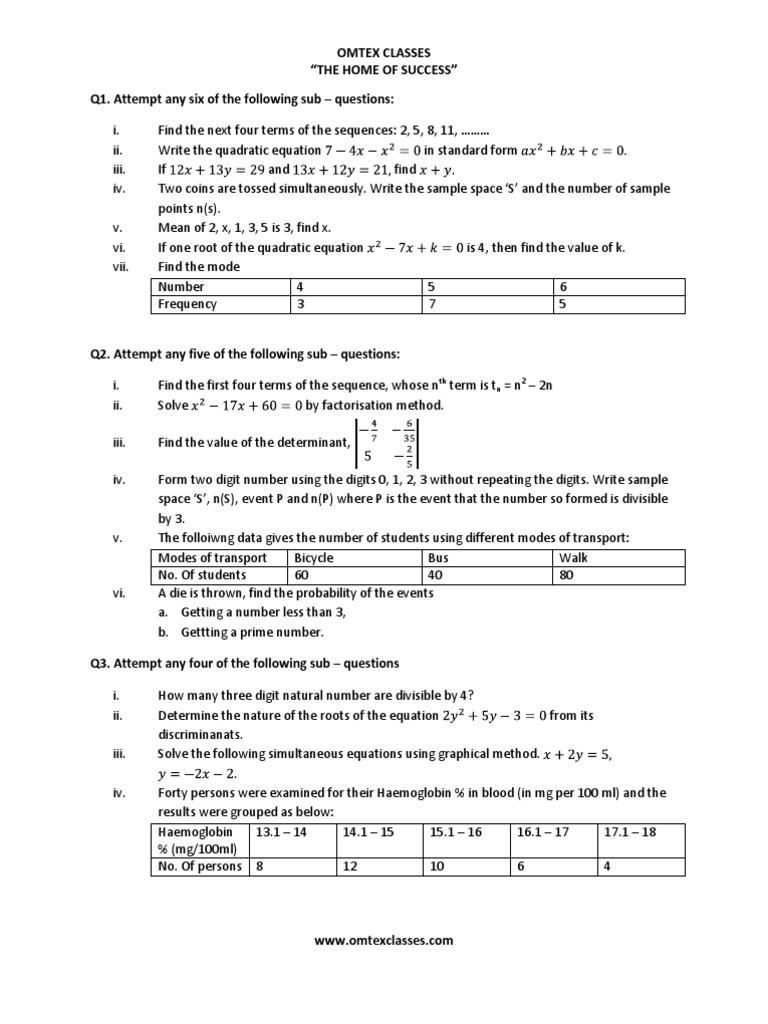 Algebra Question Paper For Board Exam | PDF | Equations | Mathematical ...