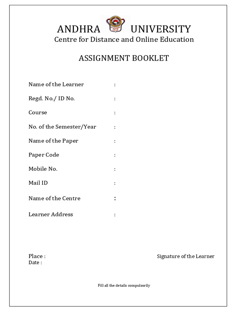 Andhra University Assignment Cover Page | PDF