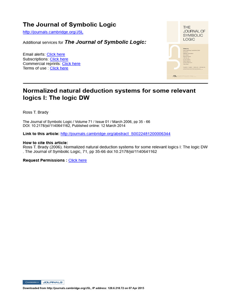 (Brady) Normalized Natural Deduction Systems For Some Relevant Logics I: The Logic DW | PDF ...