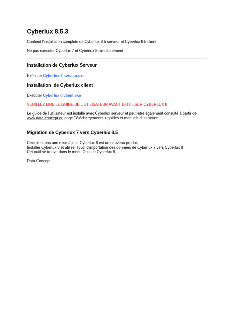 Installation et migration vers Cyberlux 8.5 | PDF