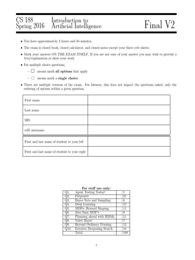 cs188 sp16 F Sol | PDF | Applied Mathematics | Algorithms