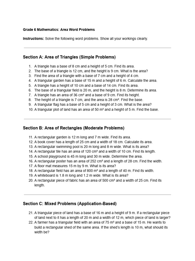 Grade 6 Area Word Problems Worksheet | PDF | Area | Rectangle