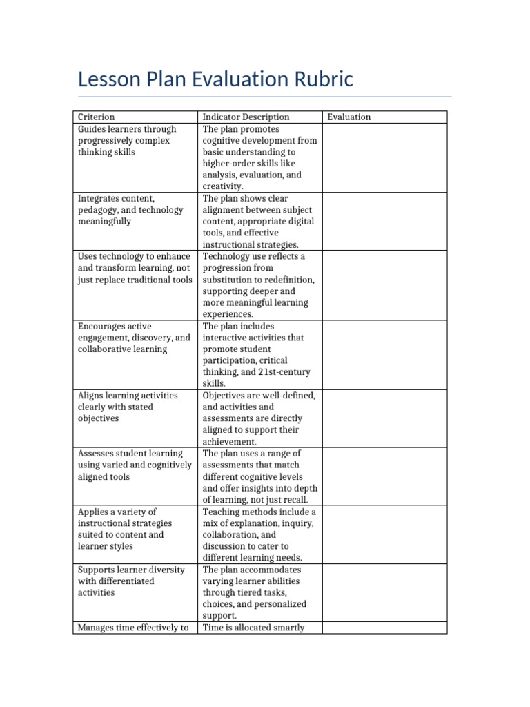 Lesson Plan Evaluation Rubric | PDF | Learning | Lesson Plan