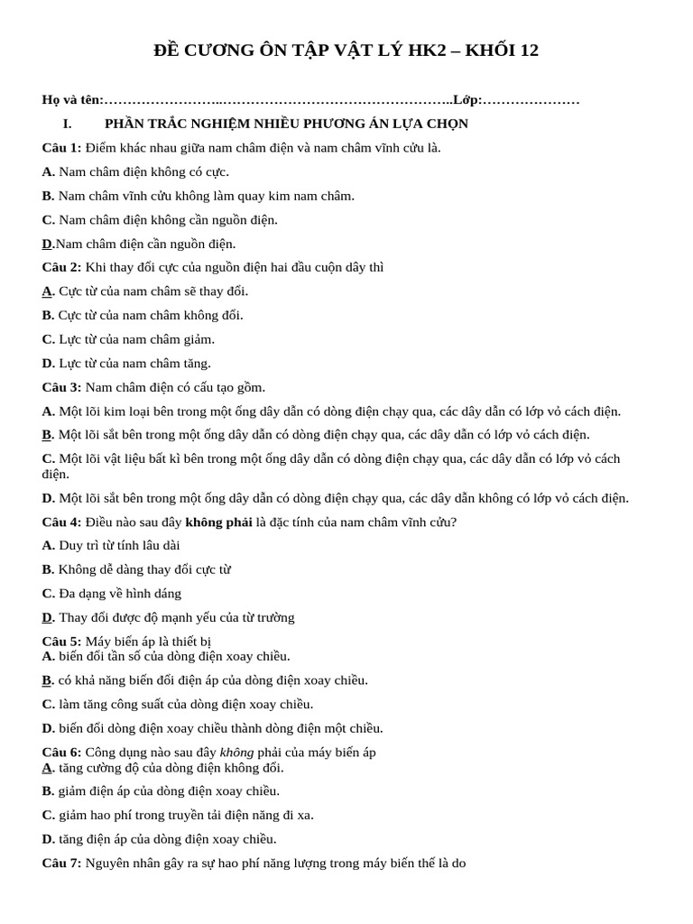 ĐÁP ÁN ĐỀ CƯƠNG VẬT LÝ 12 HK2 | PDF