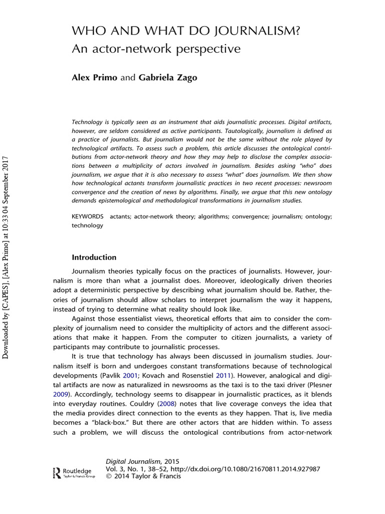 WHO AND WHAT DO JOURNALISM An Actor Netw | PDF | Journalism | News