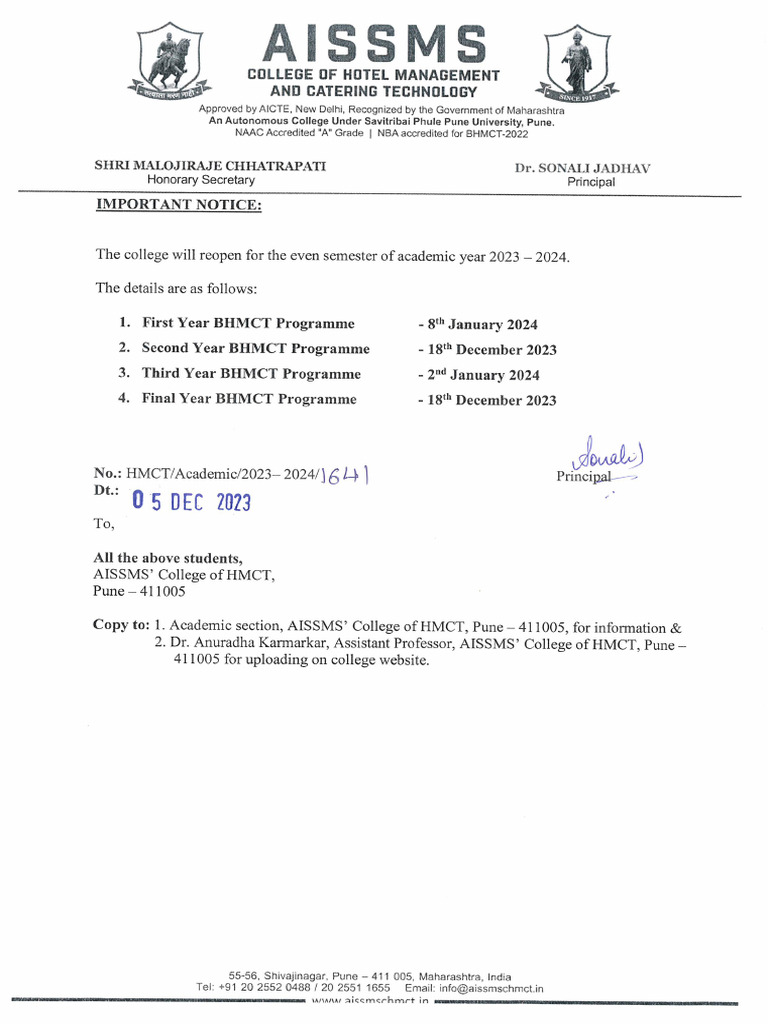 Important Notice BHMCT | PDF