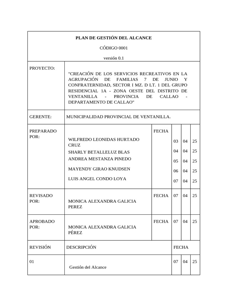 Plan de Gestión del Alcance: Parque 7 de Junio | PDF