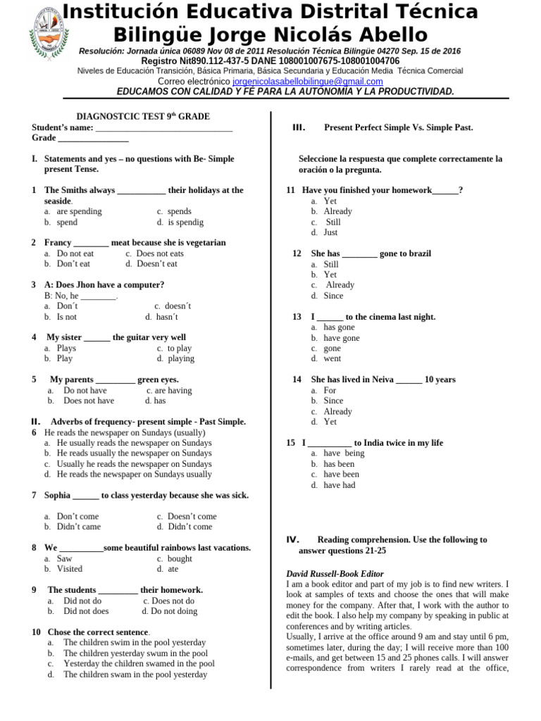 9th Grade English Diagnostic Test | PDF | Linguistics