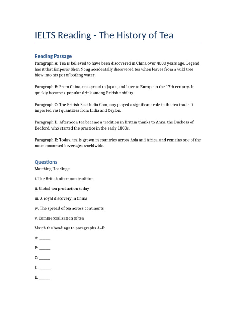 IELTS Reading History of Tea FULL | PDF