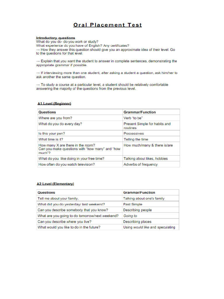 Oral Placement Test A1 A2 | PDF