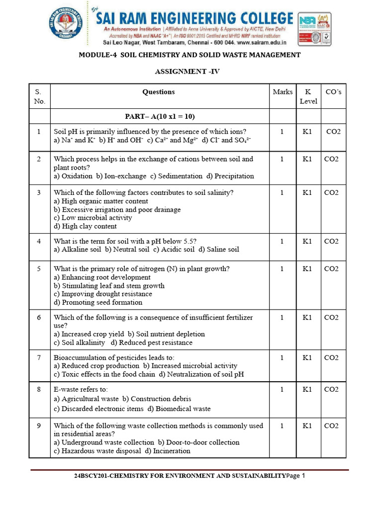 ASSIGNMENT -IV SOIL CHEMISTRY AND SOLID WASTE MANAGEMENT.docx | PDF | Soil | Waste Management