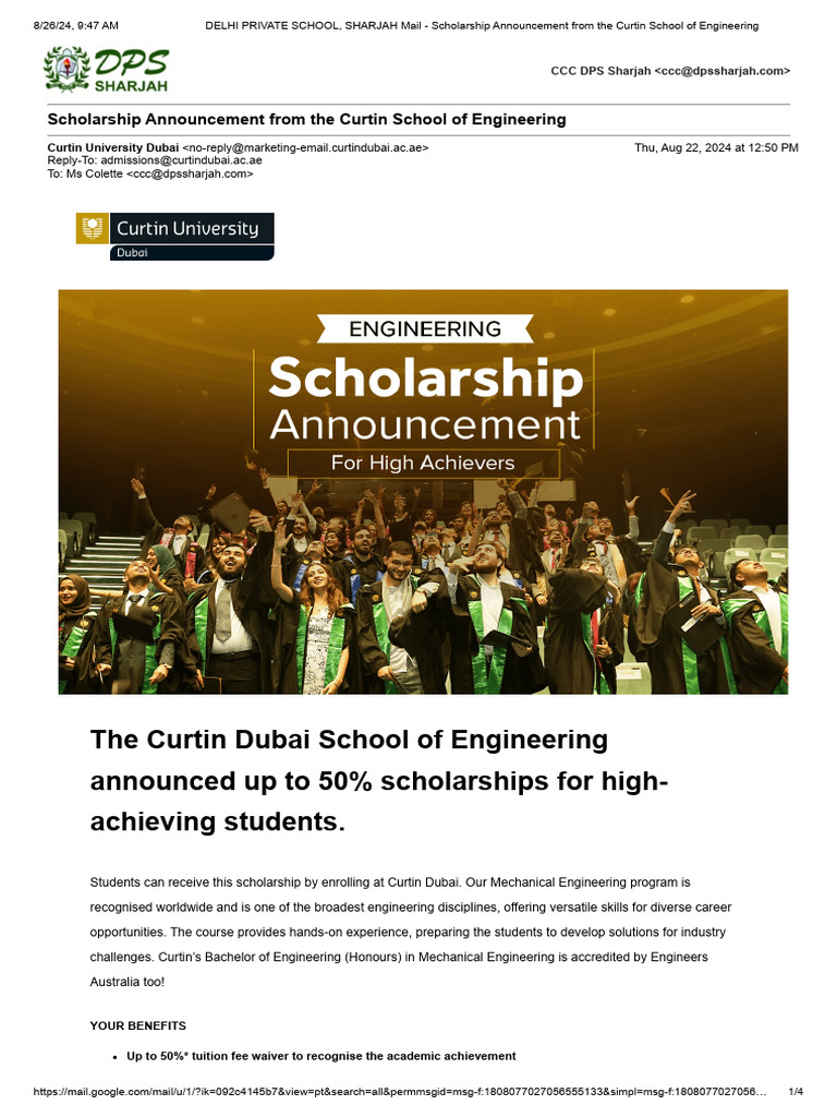 Scholarship Announcement From The Curtin School of Engineering | PDF | Dubai | Educational Stages