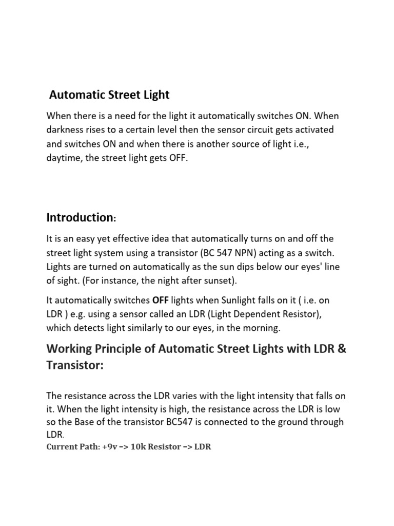 Automatic Street Light System Design | PDF | Transistor | Resistor