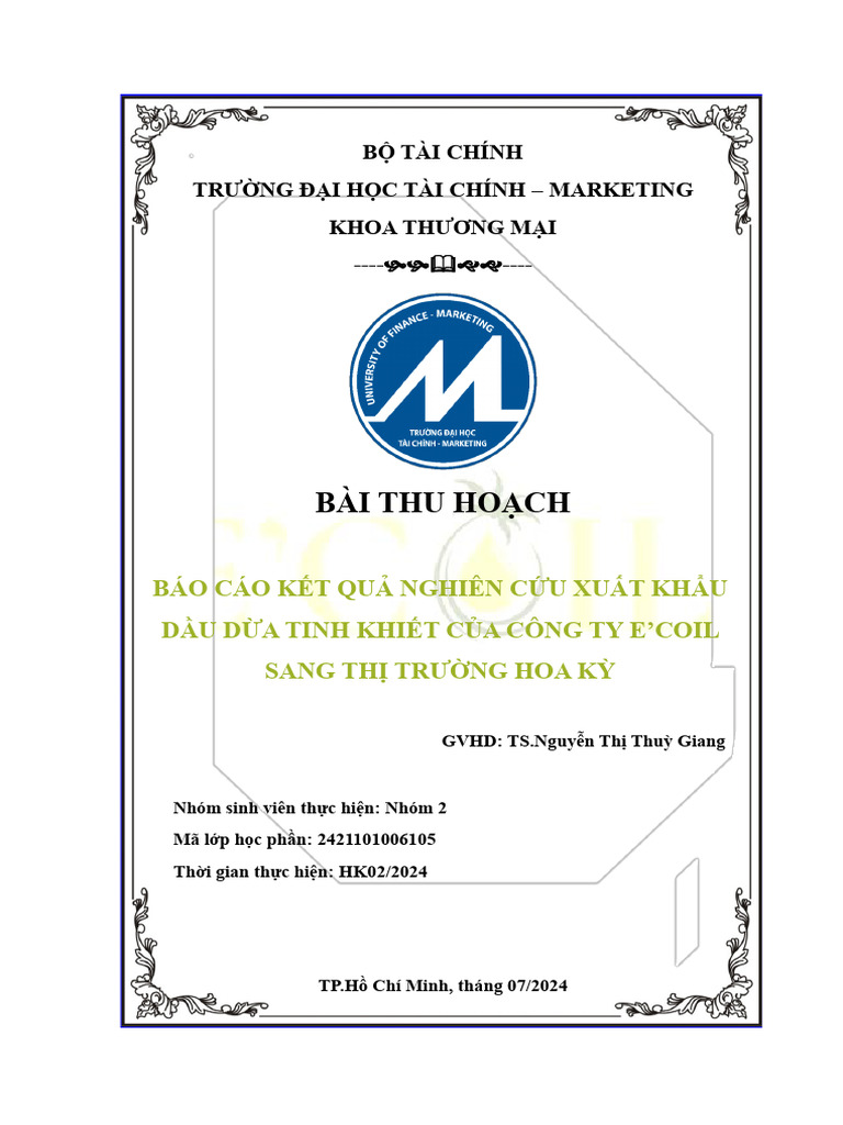 Marketing TMQT ST6_Nhóm 2_Sản Phẩm dầu dừa tinh khiết E'COIL | PDF