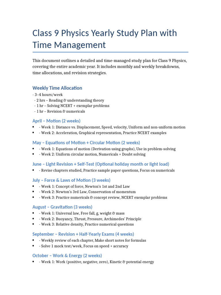 Class_9_Physics_Study_Plan | PDF | Force | Newton's Laws Of Motion
