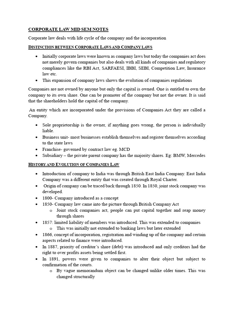 Corporate Law Mid Sem Notes | PDF | Liquidation | Bankruptcy