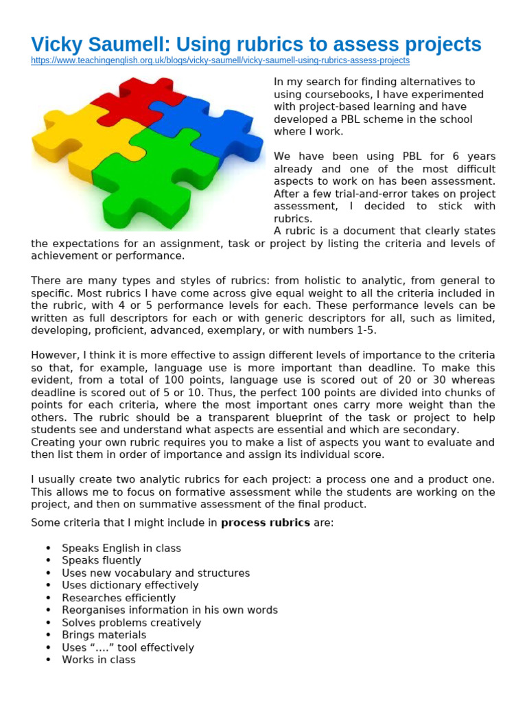 Vicky Saumell. Using Rubrics To Assess Projects | PDF | Rubric ...