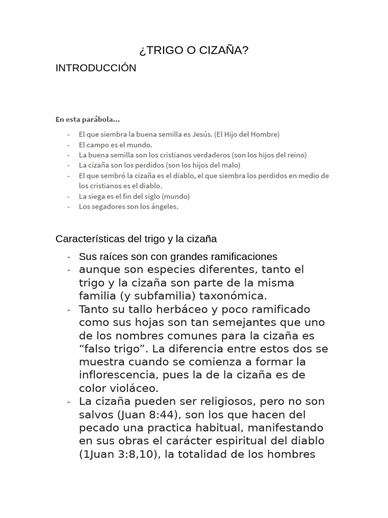 Trigo y Cizaña: ¿Eres uno o el otro? | PDF | Infierno | Jesús
