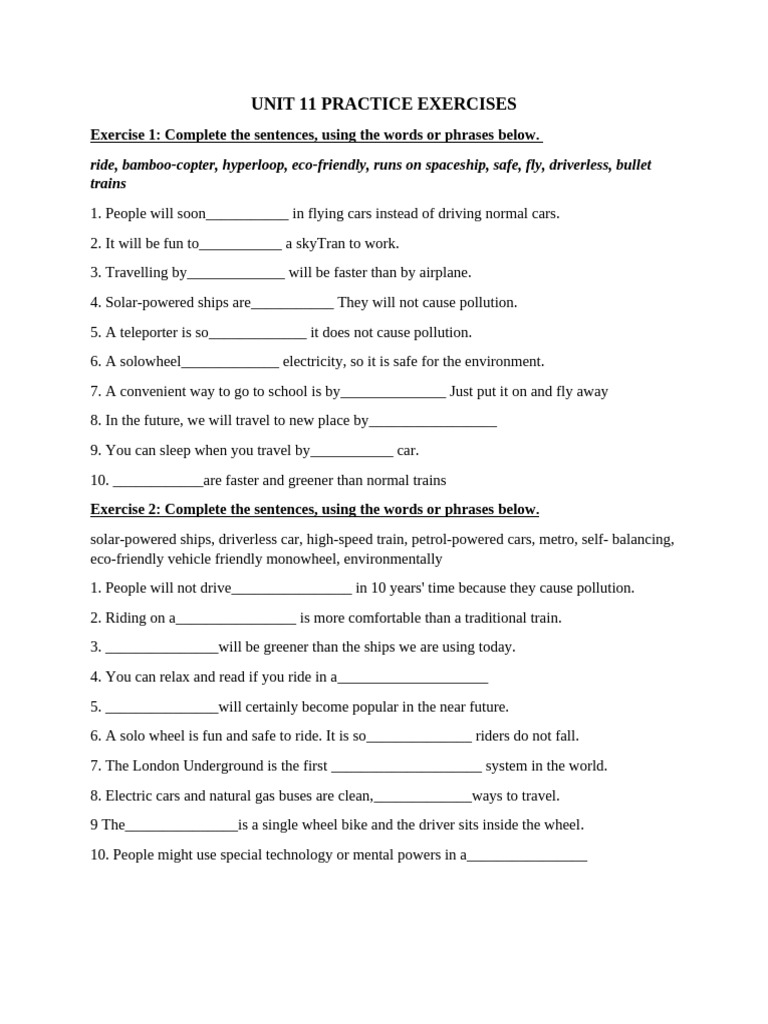 Unit 11 Practice Exercises | PDF | Car | Train