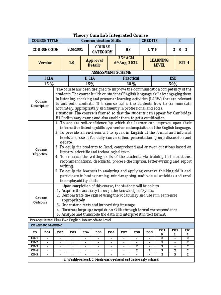 Communication Skills Syllabus | PDF | Human Communication | Linguistics