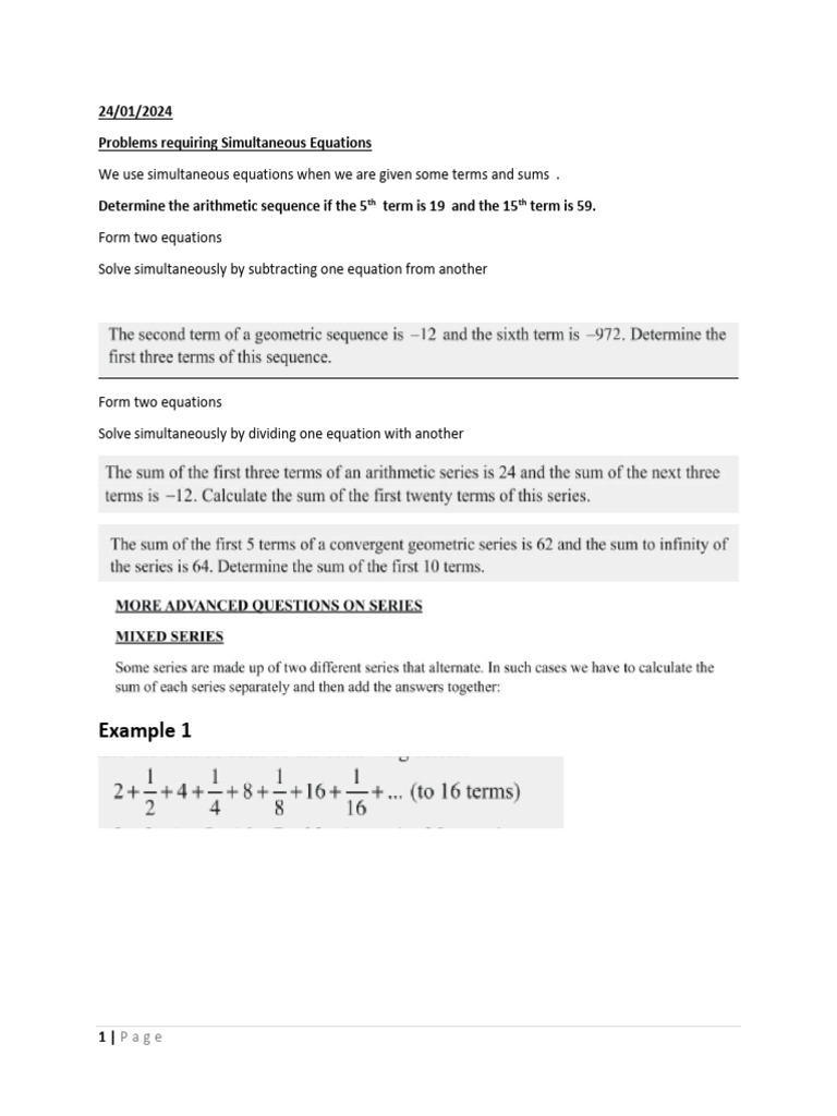 Problems Involving Simultaneous Equations, Advanced Series and Real ...