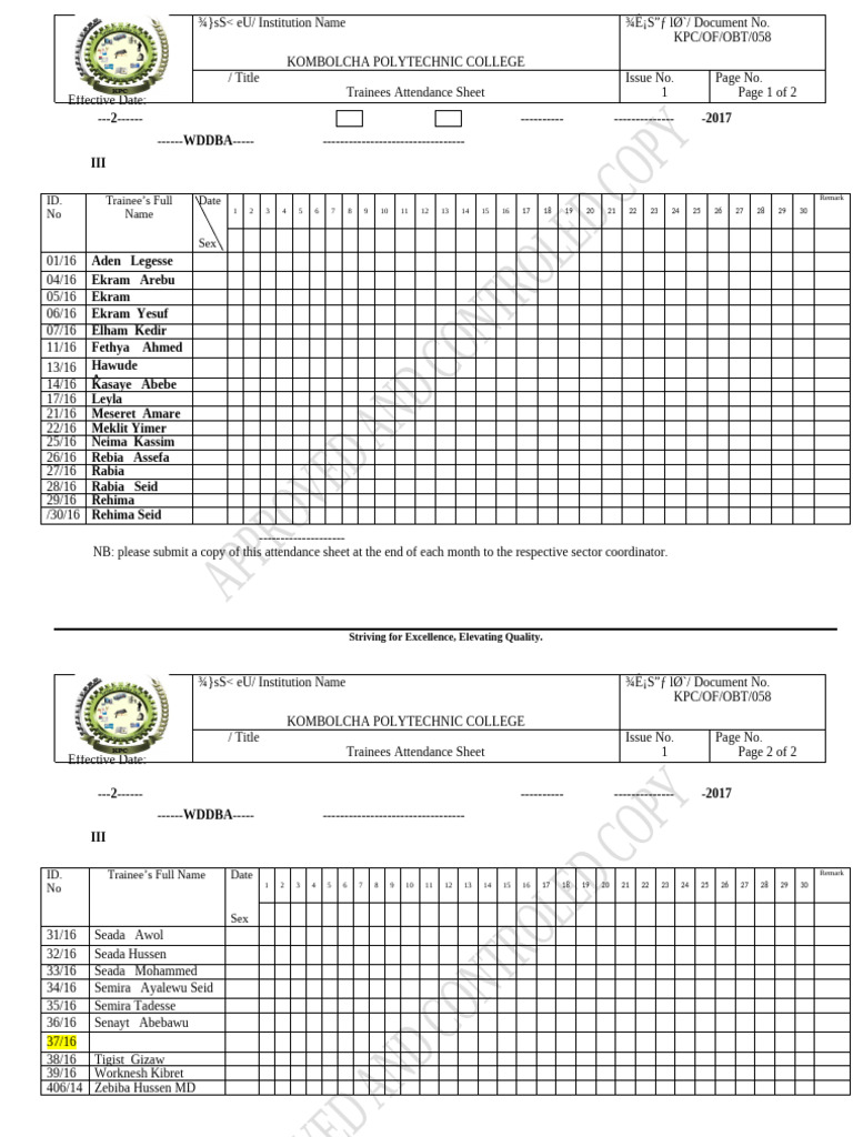 KPC-OF-OBT-058 - Trainees Attendance Sheet | PDF