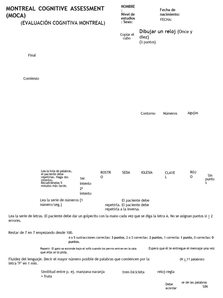 Evaluacion Cognitiva Montreal MoCA Test Spanish | PDF | Cognición ...