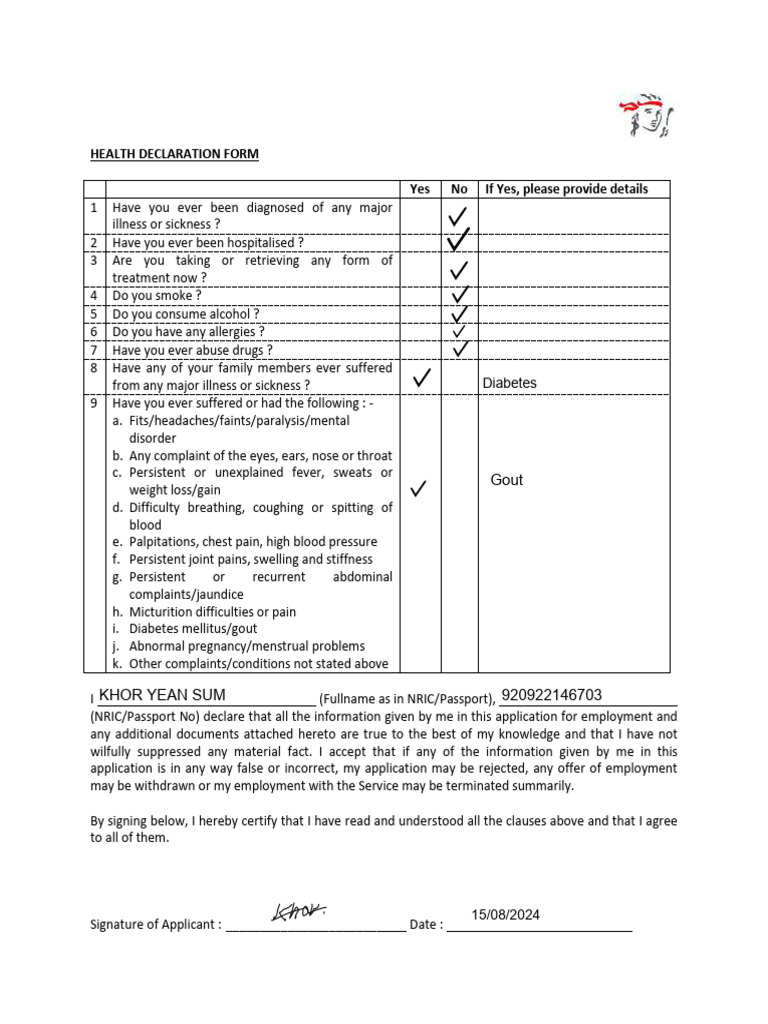PSA Health Declaration Form | PDF