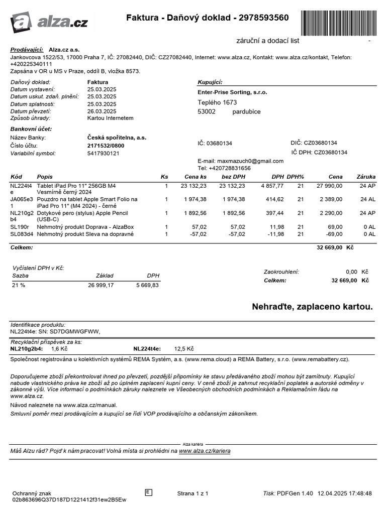 Faktura - Daňový Doklad - 2978593560: Záruční A Dodací List | PDF