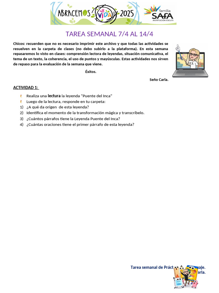 Tarea Semanal: Leyendas y Comprensión | PDF