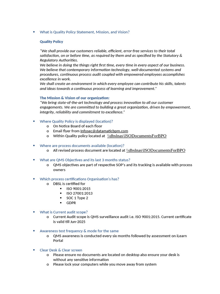 Quality Policy, Mission & Vision Overview | PDF