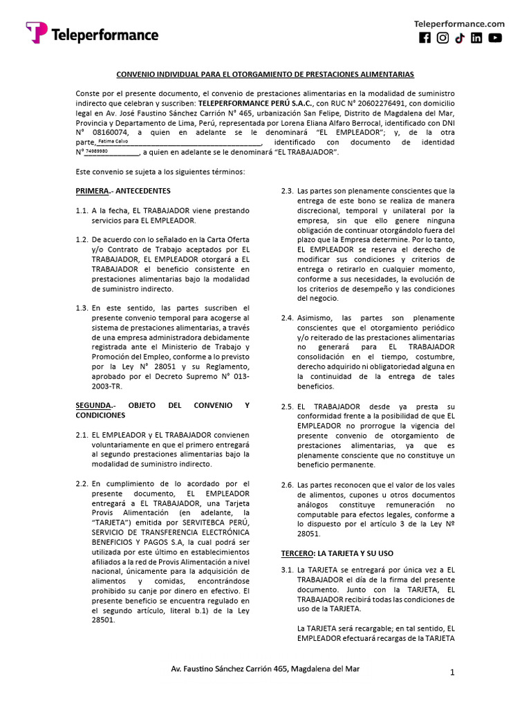CONVENIO DE PRESTACIONES ALIMENTARIAS - TELEPERFORMANCE - Encrypted | PDF | Derecho laboral ...