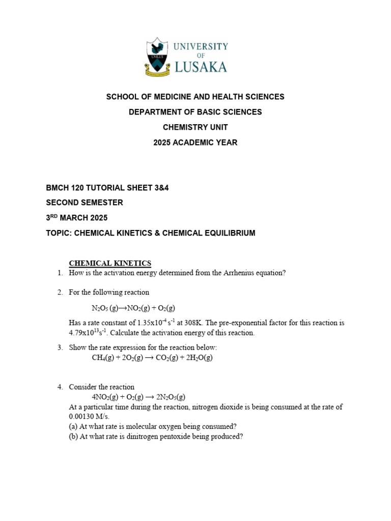 Tutorial Sheet 3 & 4 Bmch120 | PDF | Chemical Equilibrium | Hydrogen ...