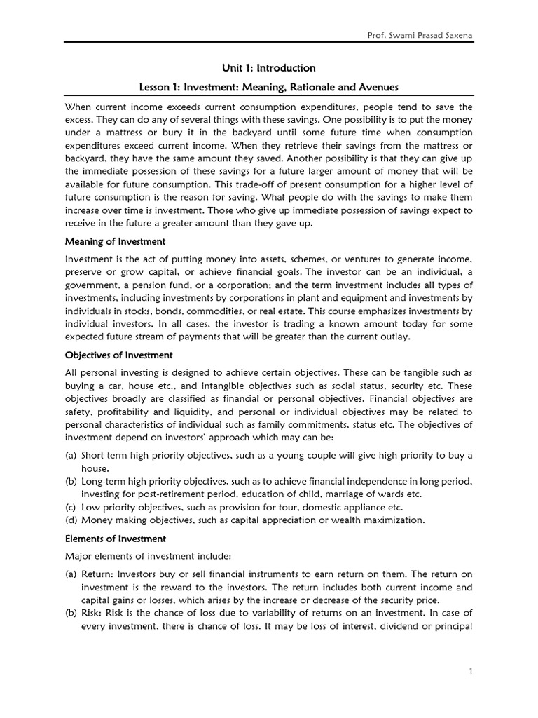 ABM 602_Study Material_Unit 1 | PDF | Financial Risk | Investing