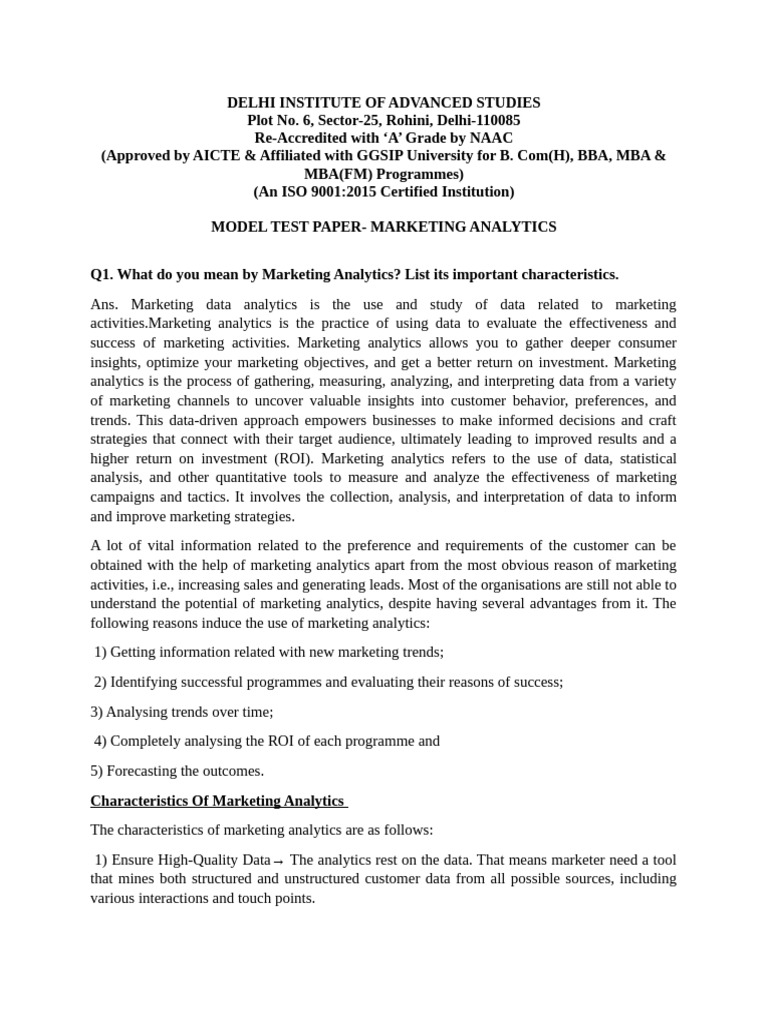 Marketing Analytics Model Test Paper | PDF | Analytics | Pricing