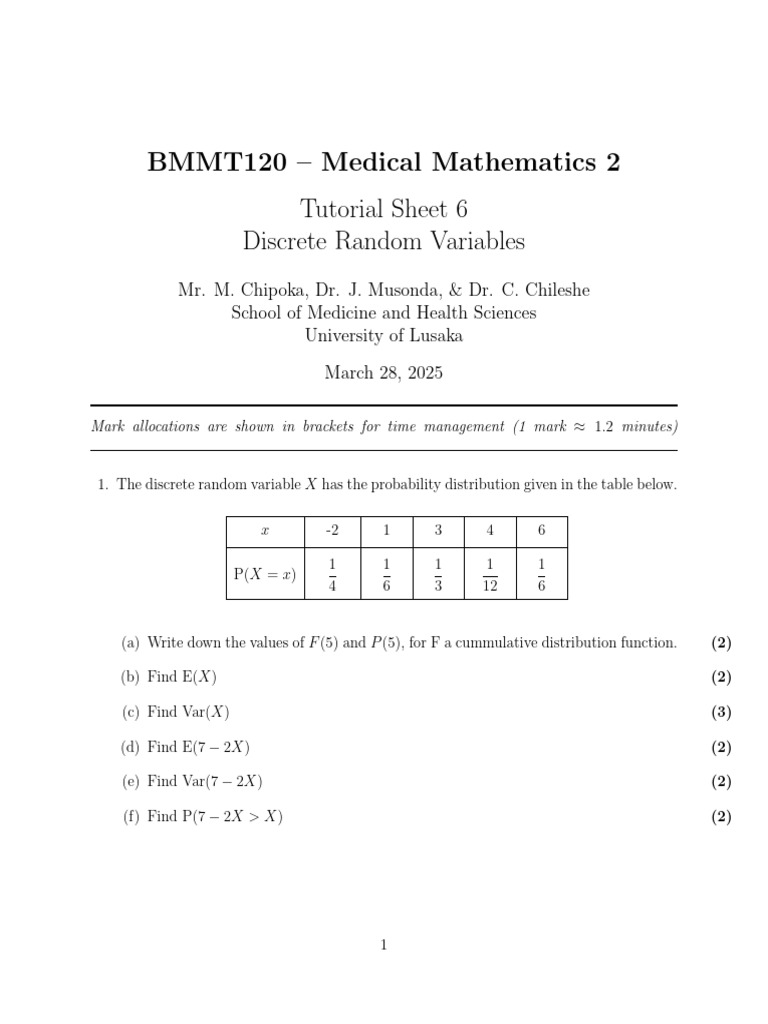 BMMT120 Tutorial Sheet 6 S1 2025 | PDF | Probability Distribution | Mathematical Analysis