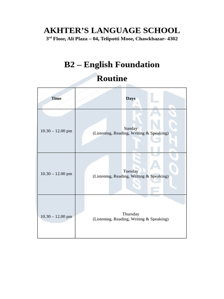 English Foundation Course Schedule | PDF