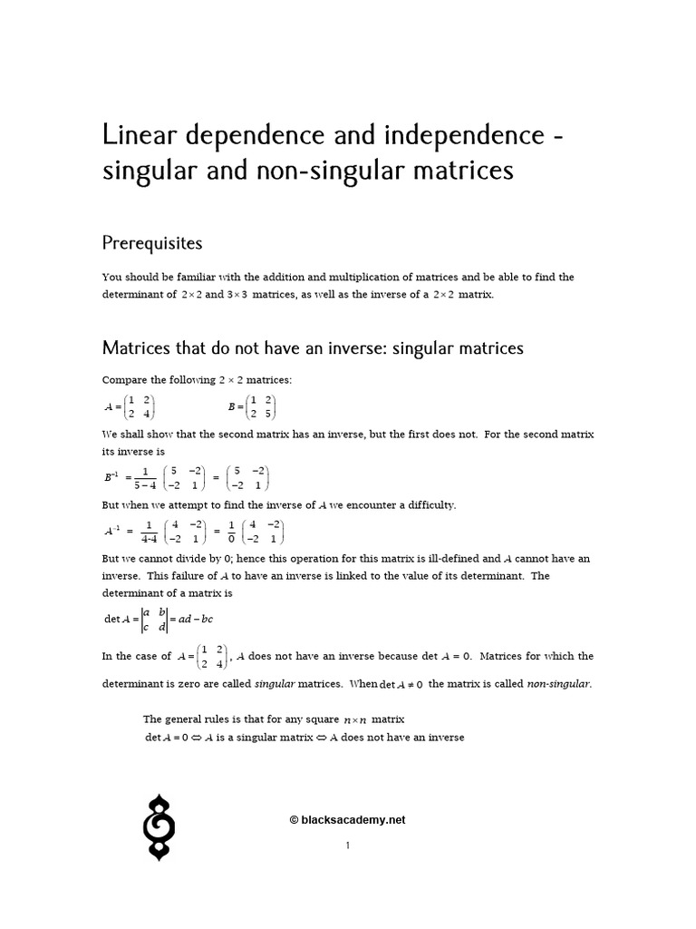 Linear Dependence Independence Singular and Non Singular Matrices | PDF ...