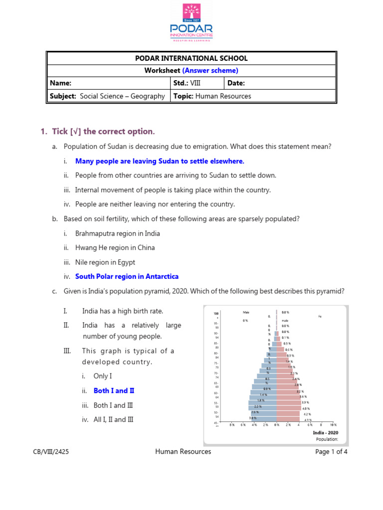 Human Resources Worksheet for Grade VIII | PDF