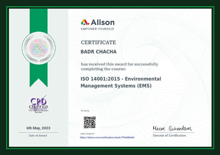 Alison Certificate Iso 14001 2015 Environmental Management Systems (Ems ...
