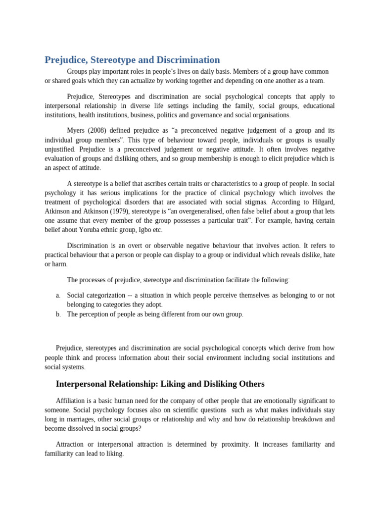 Soc 215 Lecture Note On PREJUDICE, STEREOTYPE & DISCRIMINATION | PDF | Prejudices | Stereotypes