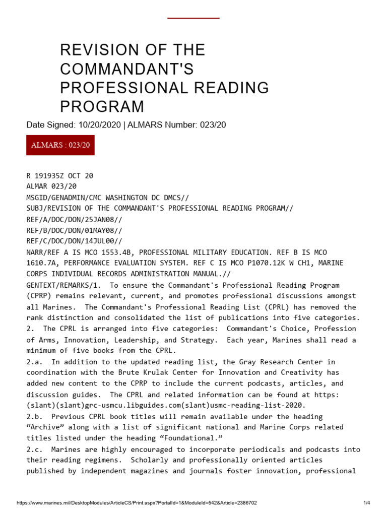 Almar 023-20 Revision of The Commandant S Professional Reading Program ...