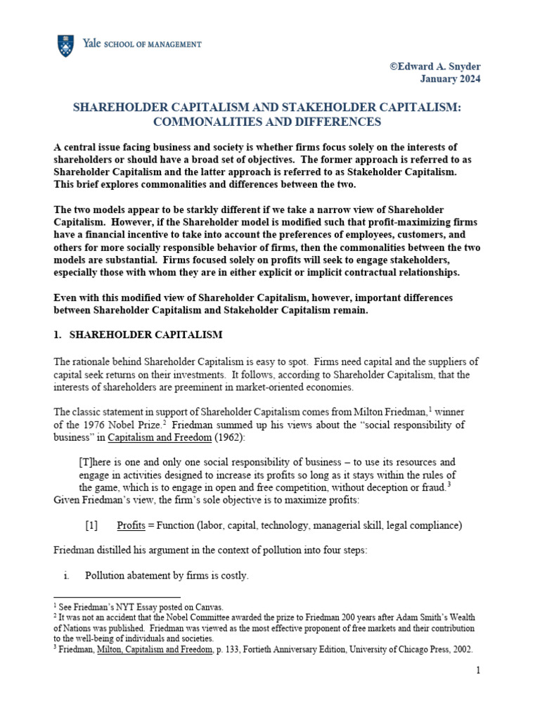Brief On Stakeholder Capitalism and Shareholder Capitalism ...