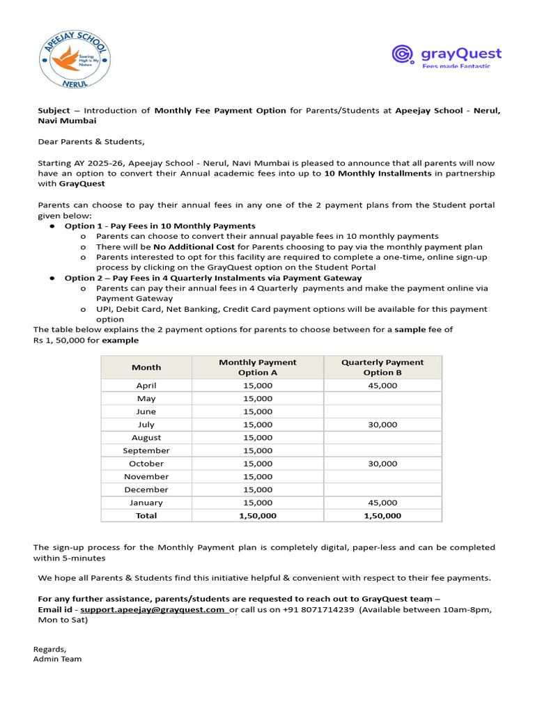Draft GQ Circular 2025 - Apeejay School, Nerul | PDF | Payments | Financial Technology