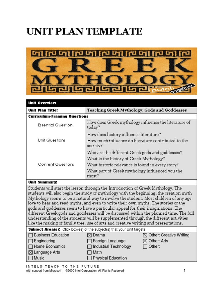 Unit Plan in Greek Mythology | PDF | Mythology | Greek Mythology