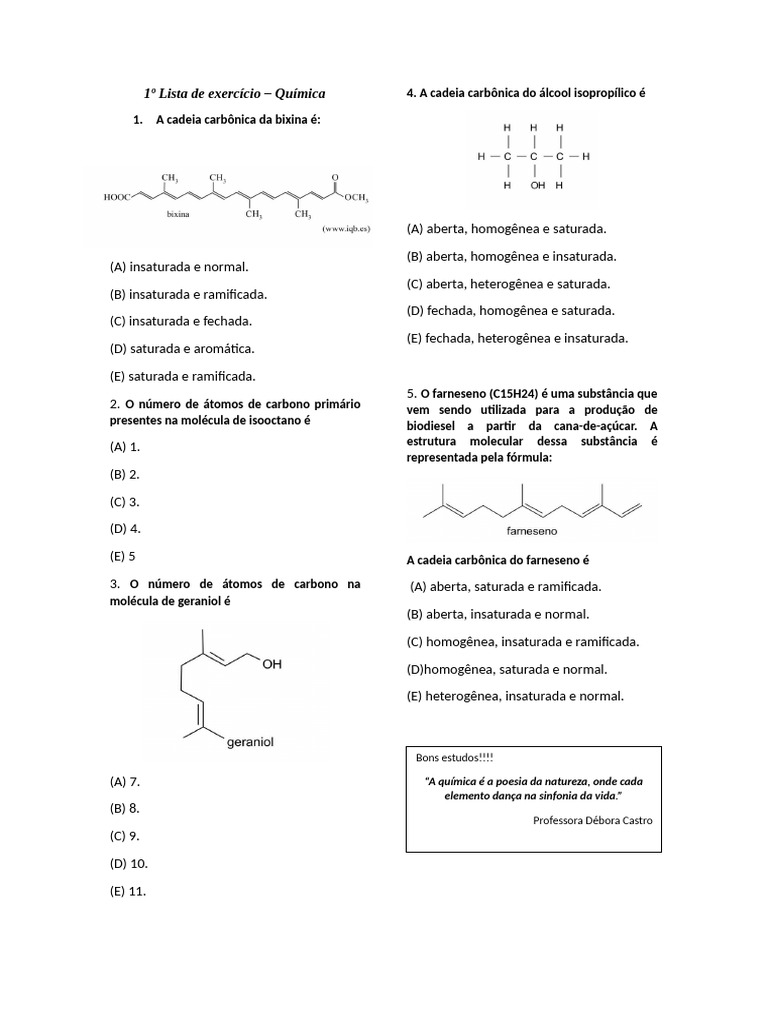 1º Lista de Exercício - Química: Bons Estudos!!!! | PDF