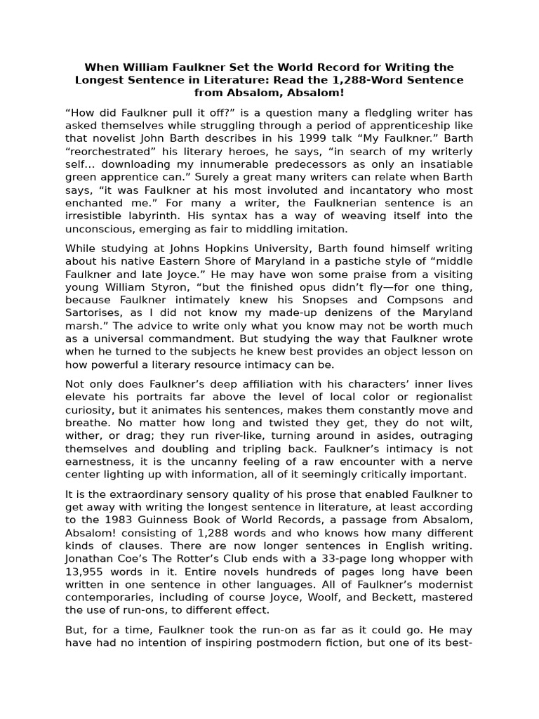 Faulkner's Record-Breaking Sentence | PDF | William Faulkner