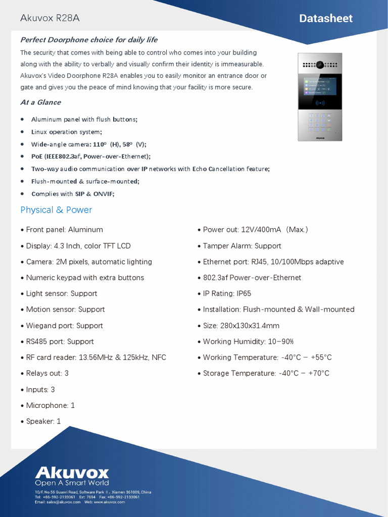 Akuvox R28A Datasheet V4.0 | PDF | Session Initiation Protocol | Computer Engineering