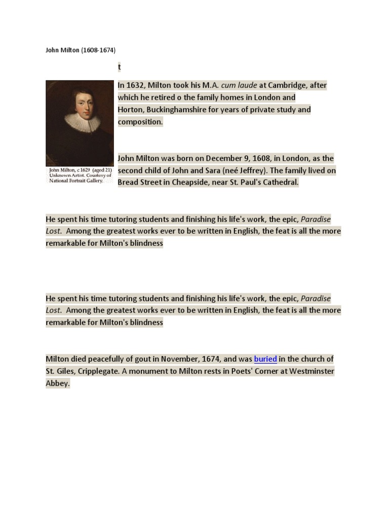 John Milton: Life and Legacy | PDF | Religion & Spirituality | Classics